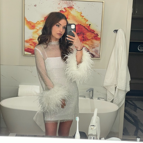 SGinstar | Dresses | Debbie Feather Cream Stretchable Rhinestone Mini ...